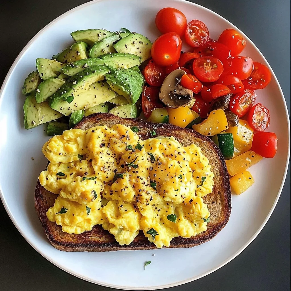 Rainbow Avocado Toast with Scrambled Eggs & Veggie Medley